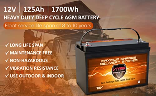 VMAXSLR125 AGM deep cycle 12V 125AH battery for Use with gas or electric power backup generator or smart charger for off grid power systems