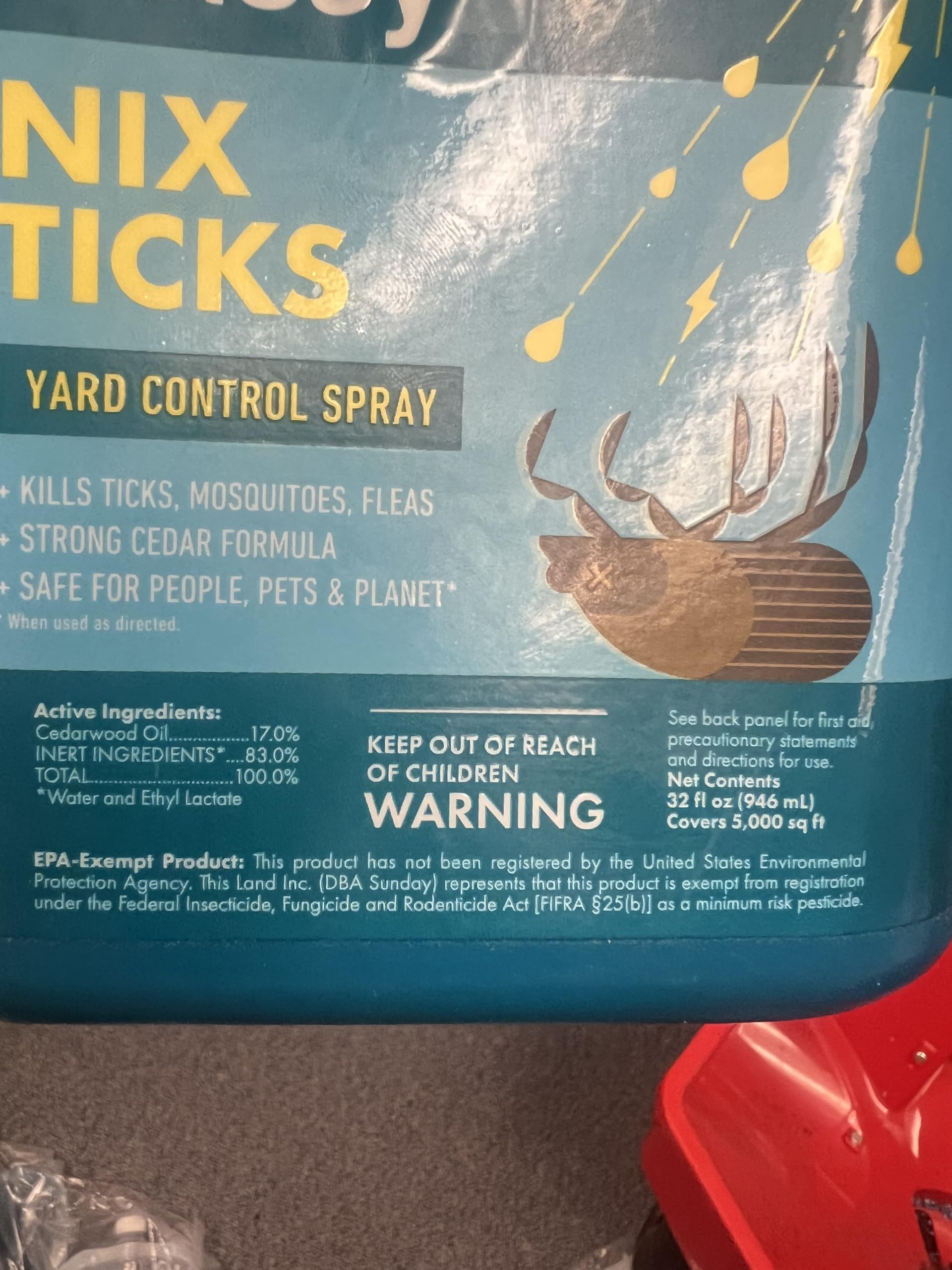 Sunday Nix Ticks - Tick Control Spray - Ready-to-Use Bug Spray - Concentrated Cedar Oil - Helps Kill Ticks, Tick Larvae, Fleas, and Mosquitos - Lasts up to 4 Weeks - 32 Fl Oz