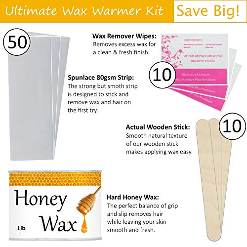 Exuby Wax Warmer Kit for Hair Removal – Includes: 1 Pound Honey Hard Wax, 50 Wax Strips, 10 Wax Sticks, 10 Wax Remover Wipes - Automatic Temperature Control(ATC) -Hard Wax Is Better Than Wax Beans