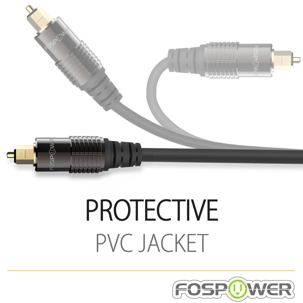 FosPower 24K Gold Plated Toslink to Mini Toslink Digital Optical S/PDIF Audio Cable with Metal Connectors & Strain-Relief PVC Jacket - 10ft