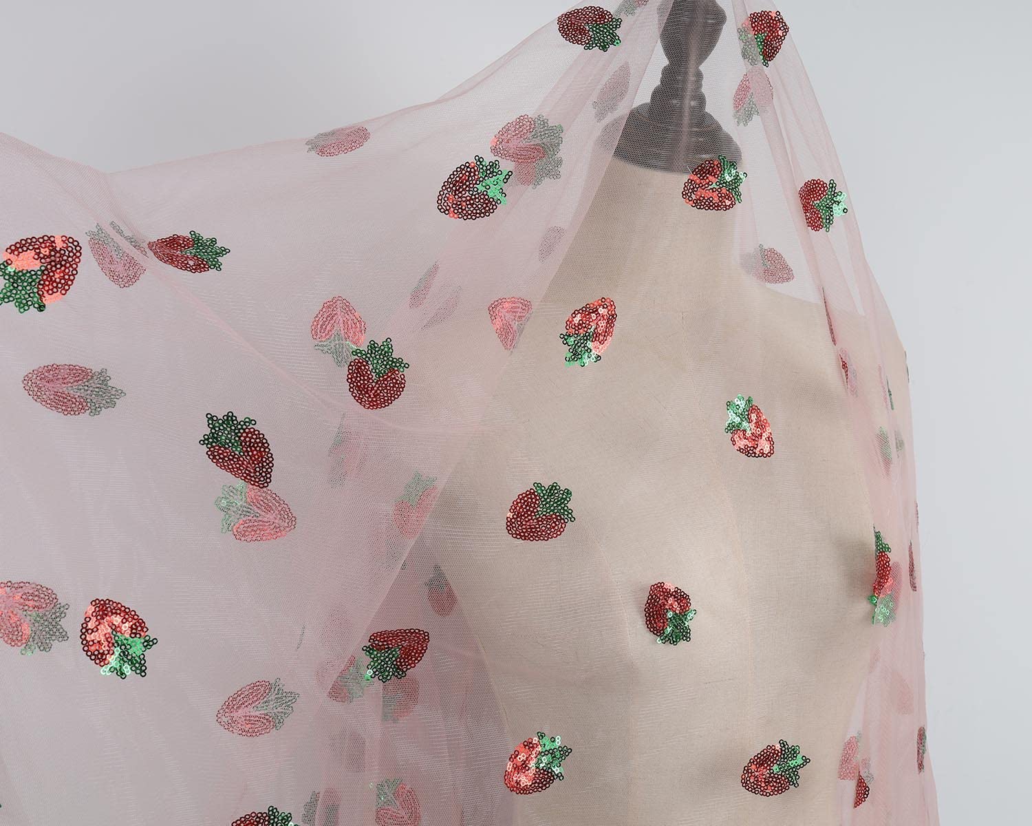 Lovely Sequins Embroidered Strawberry Net Fabric Lightweight Tulle Netting for Sewing Dresses - 60 inches Wide, 2 Yards Precut - Pink