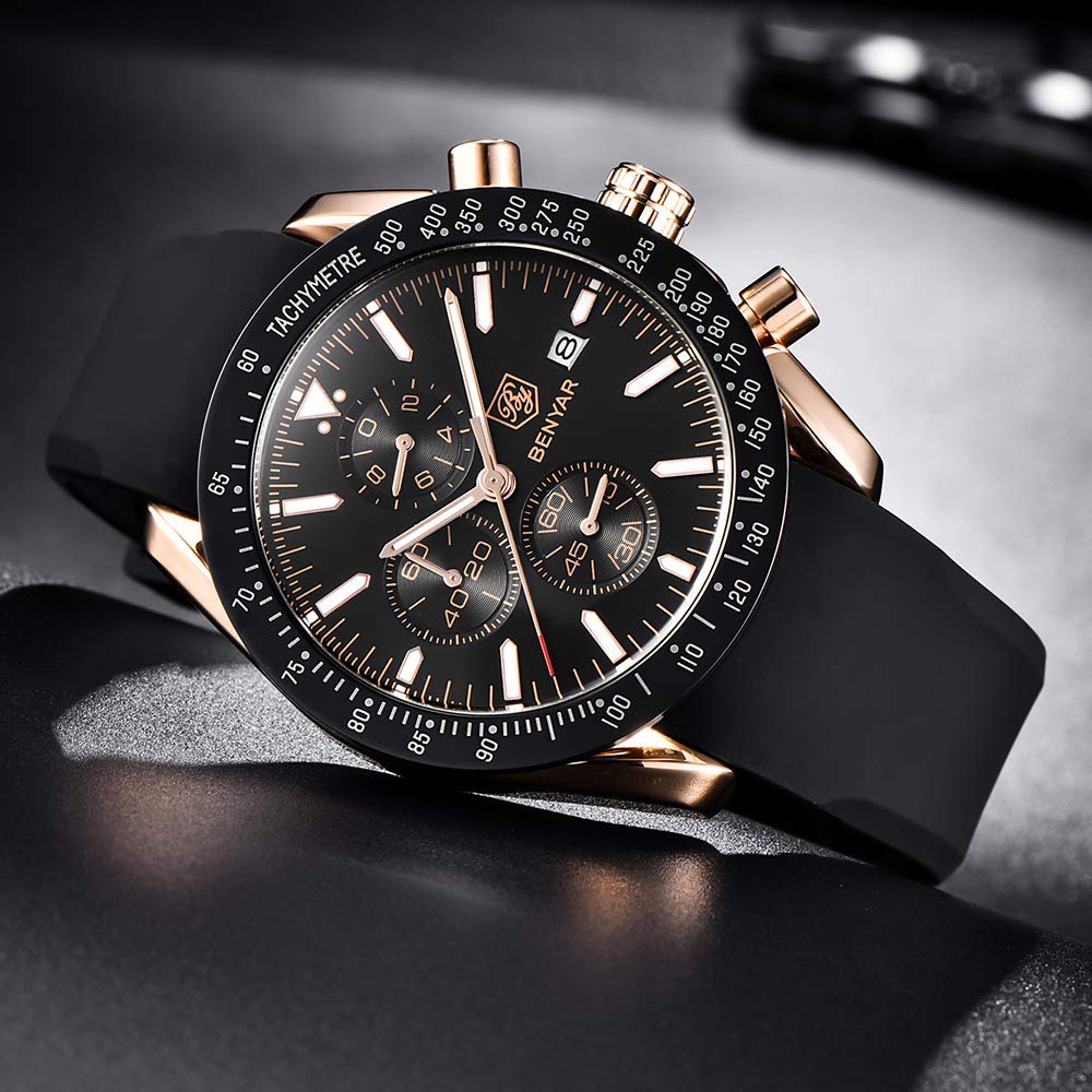 BENYAR - Stylish Wrist Watch for Men Silicone Strap Watches Quartz Movement, Waterproof and Scratch Resistant, Analog Chronograph Business Watch Mens Gift