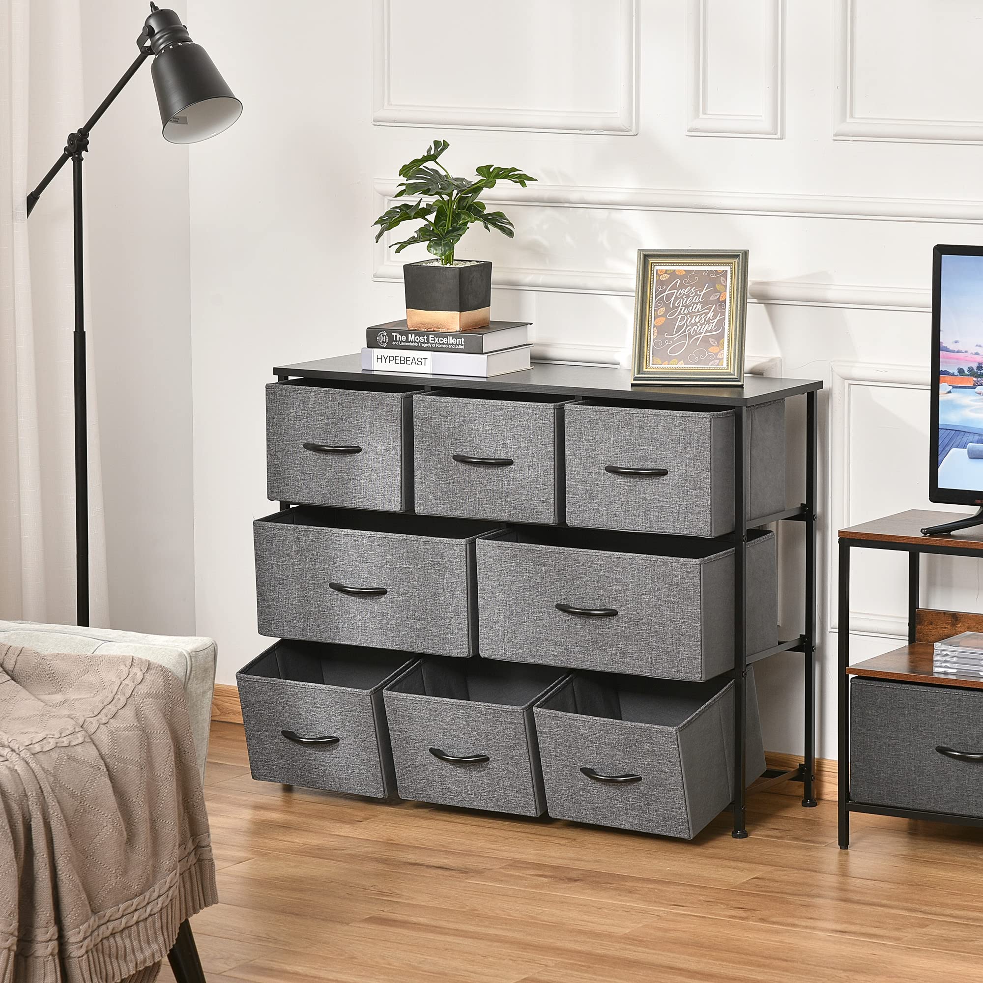 HOMCOM 8-Drawer Dresser, 3-Tier Fabric Chest of Drawers, Storage Tower Organizer Unit with Steel Frame for Bedroom, Hallway, Dark Gray