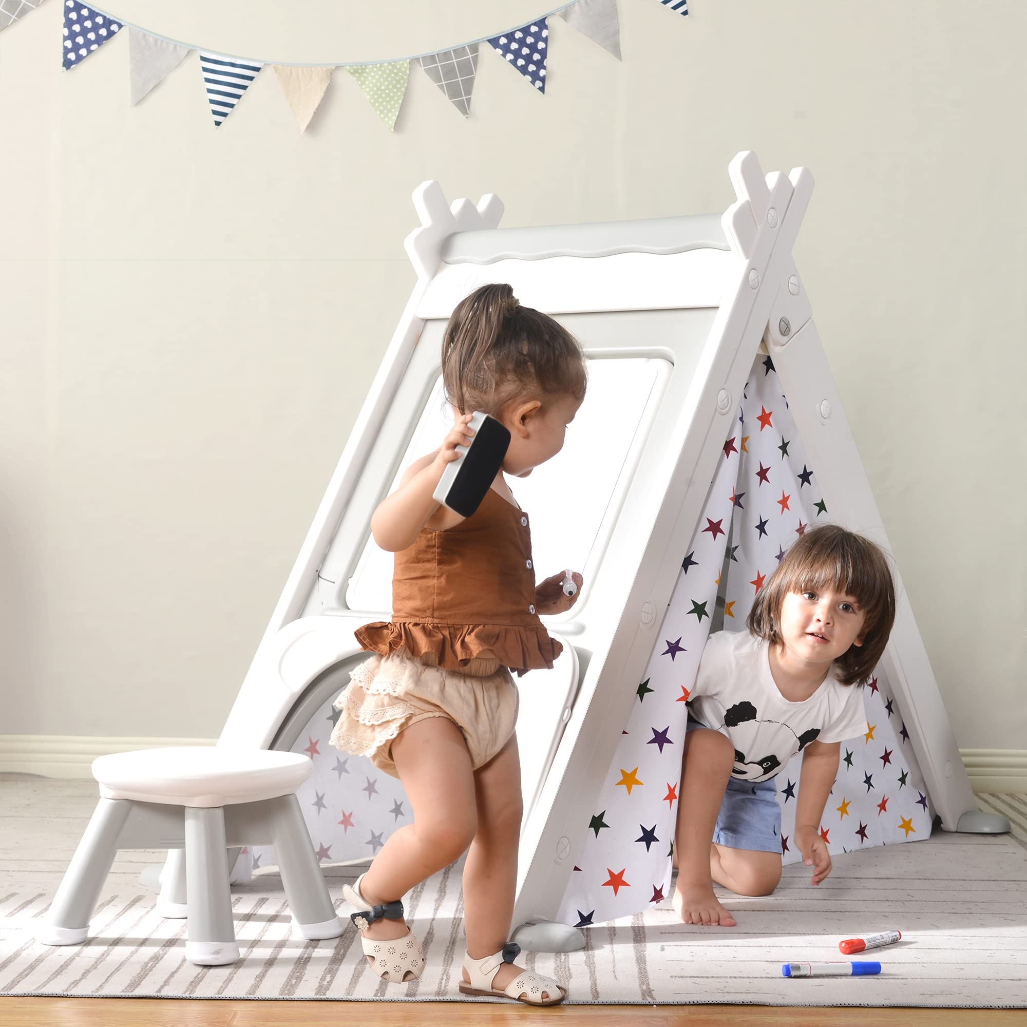 Merax Foldable Triangle Climber, 4-in-1 Kids Hideaway Play Tent with Art Easel, Stool for Toddlers, Climbing Triangle Crawling Tunnel Toy Activity Play Set (White)