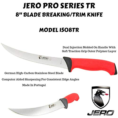 JERO Pro Series TR 8" Breaking & Trimming Knife - Commercial Grade Butcher Knife - Double Injection Molded Handle With Thick Santoprene Out Layer - German Stainless Steel Blade - 1508TR