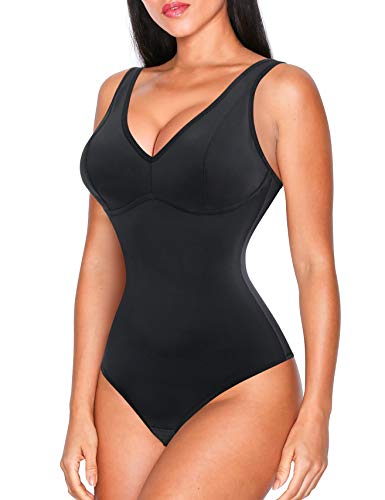 Nebility Women Waist Trainer Shapewear Slim Body Shaper Deep V Neck Thong Bodysuit Tummy Control Jumpsuit Tops (M, Black)