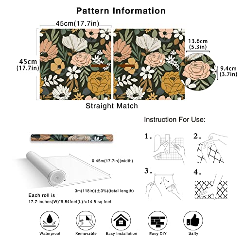 HAOKHOME 93217 Vintage Large Floral Peel and Stick Wallpaper Removable Daisy Leaf Black/Sand/Oliva Vinyl Self Adhesive Mural 17.7in x 9.8ft