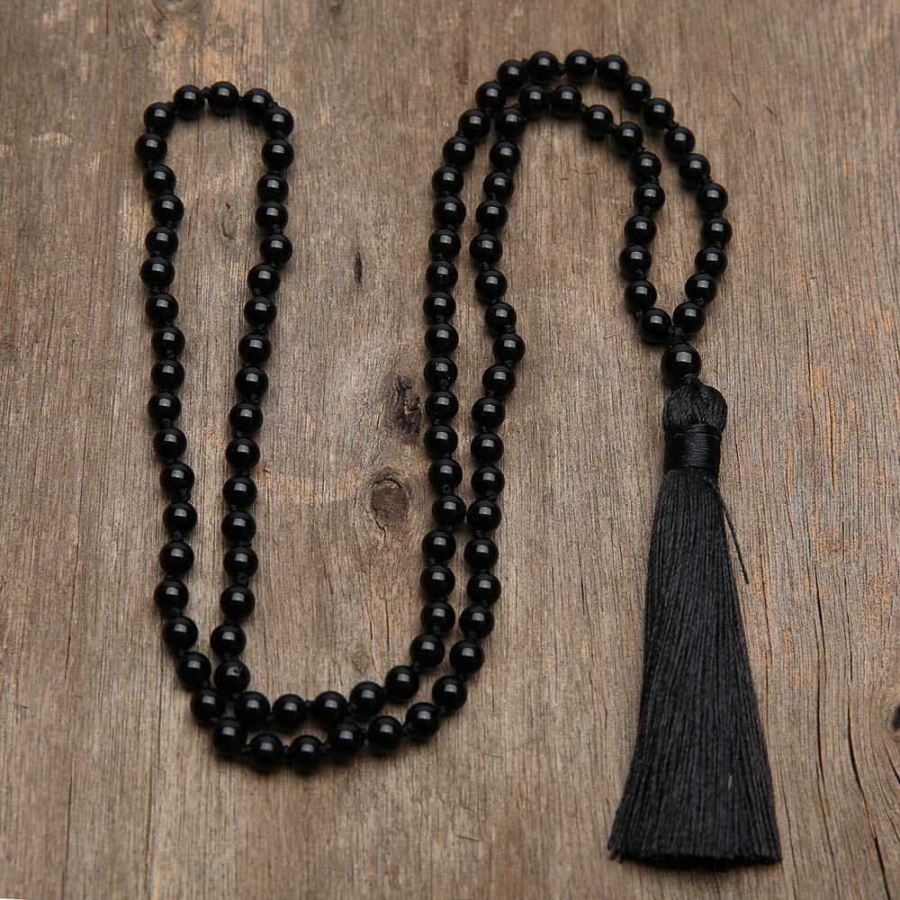 BALIBALI 8MM Beads Chakra Long Mala Necklace Natural Stone Meditation Statement Necklace Japa Yoga Rosary Prayer Charm Beaded Tassel Necklace (Black Agate)
