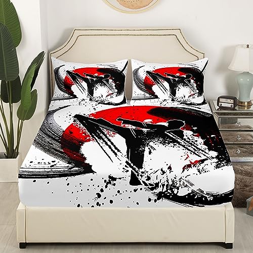 Castle Fairy Kungfu Sheet Set,Kids Ink Tie-dye Bed Sheets Set,Black and Red Bedding Set for Boys Teens Sheets Soft Room Decor Twin Size(1 Flat Sheet+1 Fitted Sheet+1 Pillowcase)