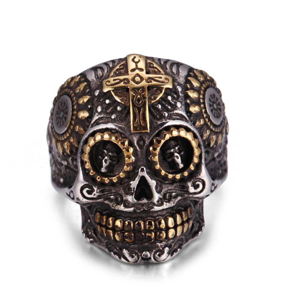 AUMRET Halloween Skull Stainless Steel Simulated Silver Gothic Cross Titanium Steel Ring (11)