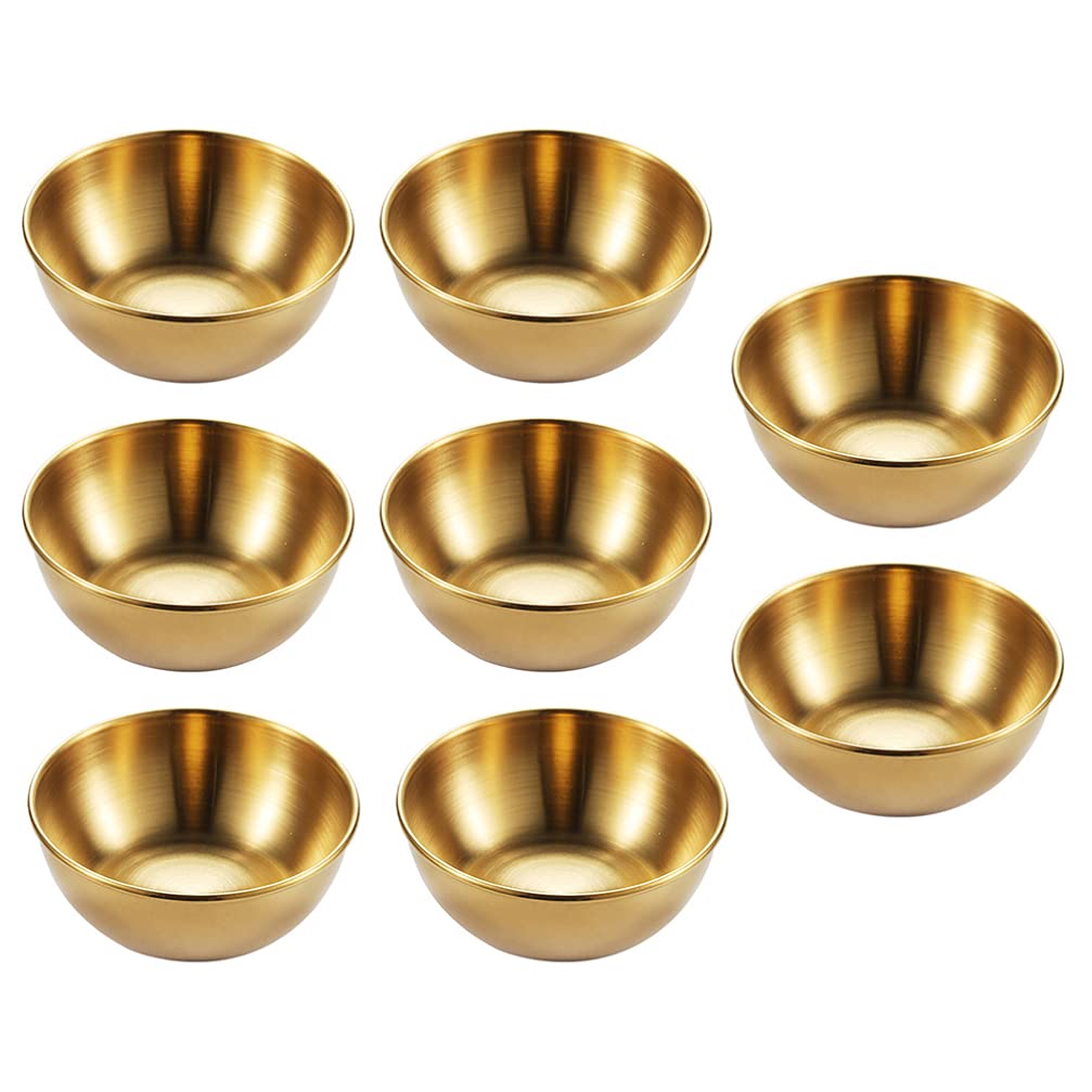 BESTonZON Sauce Dish 8pcs Golden Dipping Bowls, Stainless Steel Dip Soy Sauce Dishes & Bowl, Multipurpose Side Dish for Sauce, Condiments, Sushi, BBQ - Chip and Dip Serving Bowl Set
