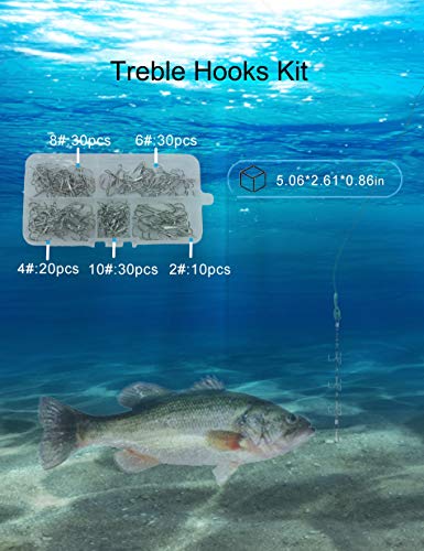 Beoccudo Treble Hooks Kit, Saltwater Freshwater Size 2 4 6 8 10 Triple Fishing High Carbon Steel Hooks
