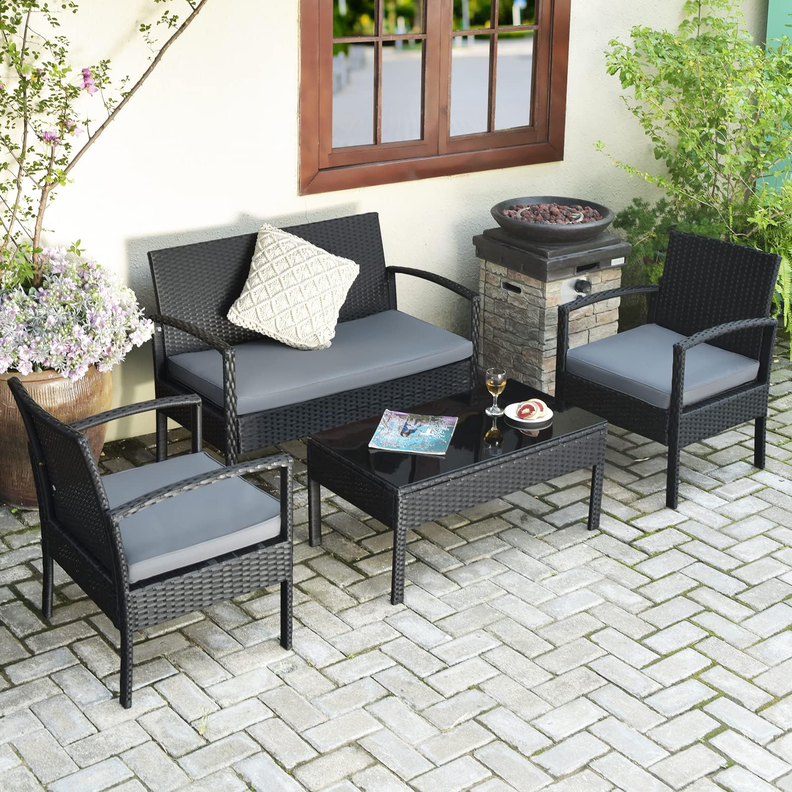 DORTALA 4 Piece Patio Furniture Set, Outdoor Rattan Wicker Conversation Set with Cushion & Coffee Table, Chairs and Table Set for Courtyard Balcony Garden, Black