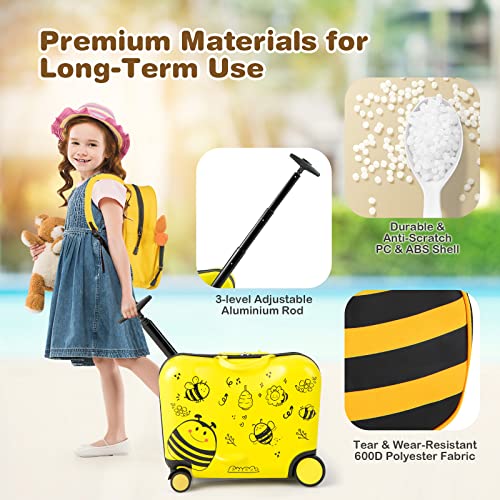 BABY JOY 2PC Kids Luggage Set, 4 in 1 Toddler 18β Ride-on & Carry-on Hardshell Suitcase with Wheels, Anti-Lose Rope, 12β Backpack Set, Lightweight Travel Rolling Trolley for Boys Girls (Cute Bee)
