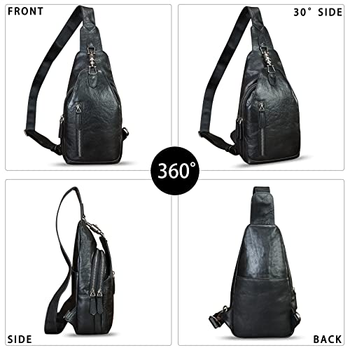 FEIGITOR Genuine Leather Sling Bag Retro Crossbody Sling Backpack Handmade Chest Shoulder Bag Daypack Purse Fanny Pack (Black)