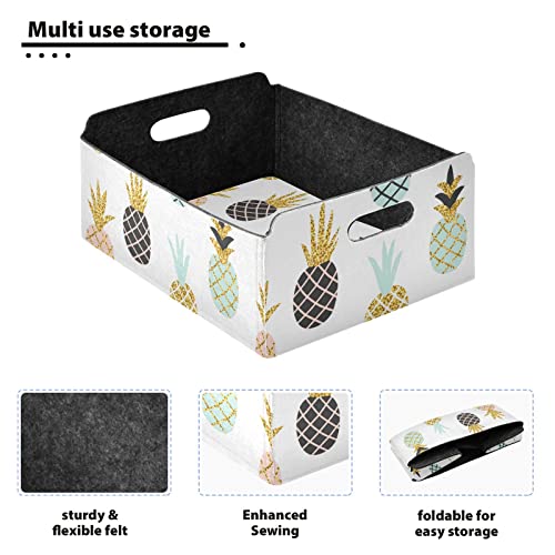 Fabric Storage Cube (Geometric Gold Pineapple) 13.7 × 10.2 × 5.1 inch, Large Capacity Decorative Foldable Storage Basket Organizer with Handles Rectangle Thick for Multi Use
