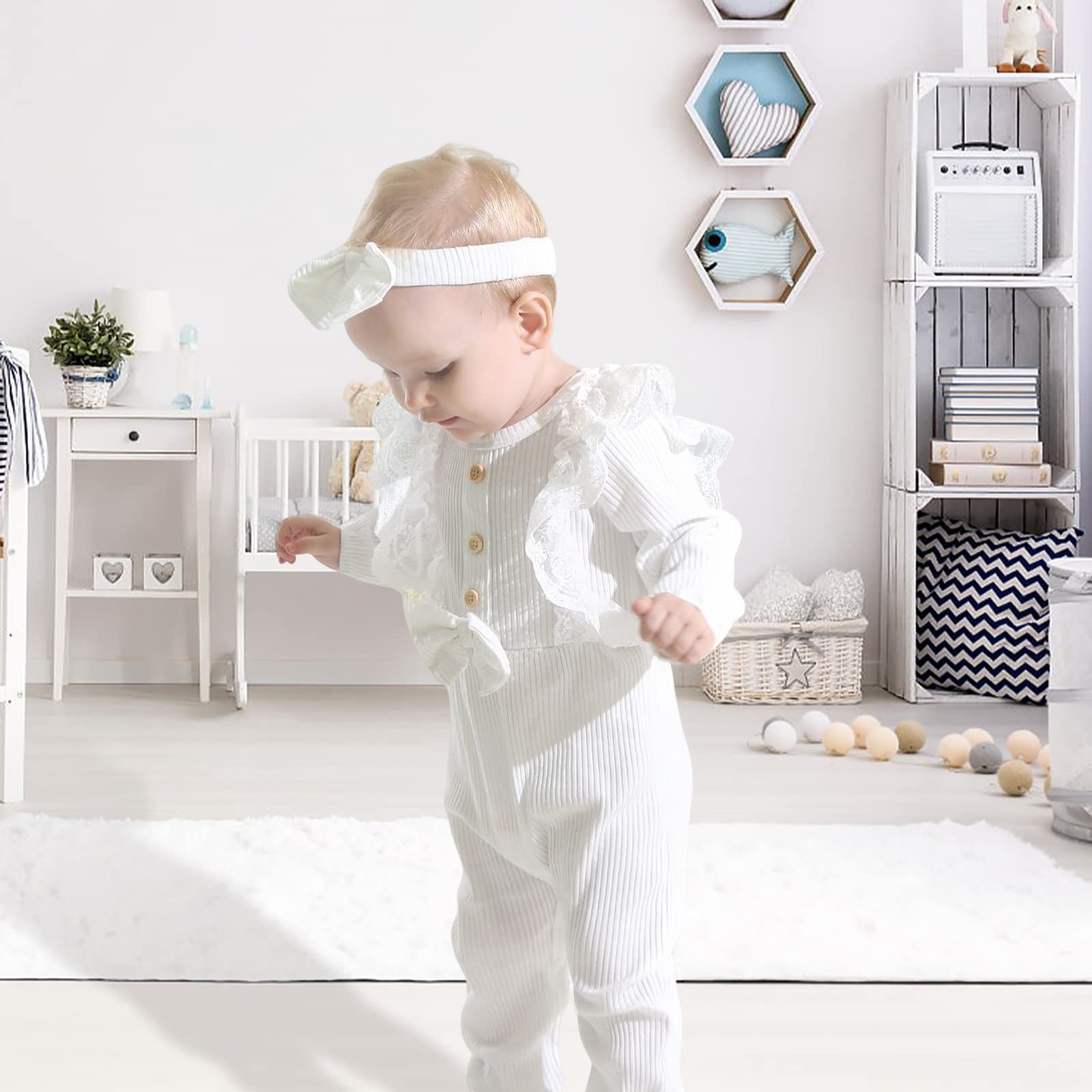 Baby Girl Clothes Newborn Fall Winter Rompers Lace Ruffle Sleeveless One-Pieces Buttons Jumpsuits Bodysuit Outfits Set White 3-6M