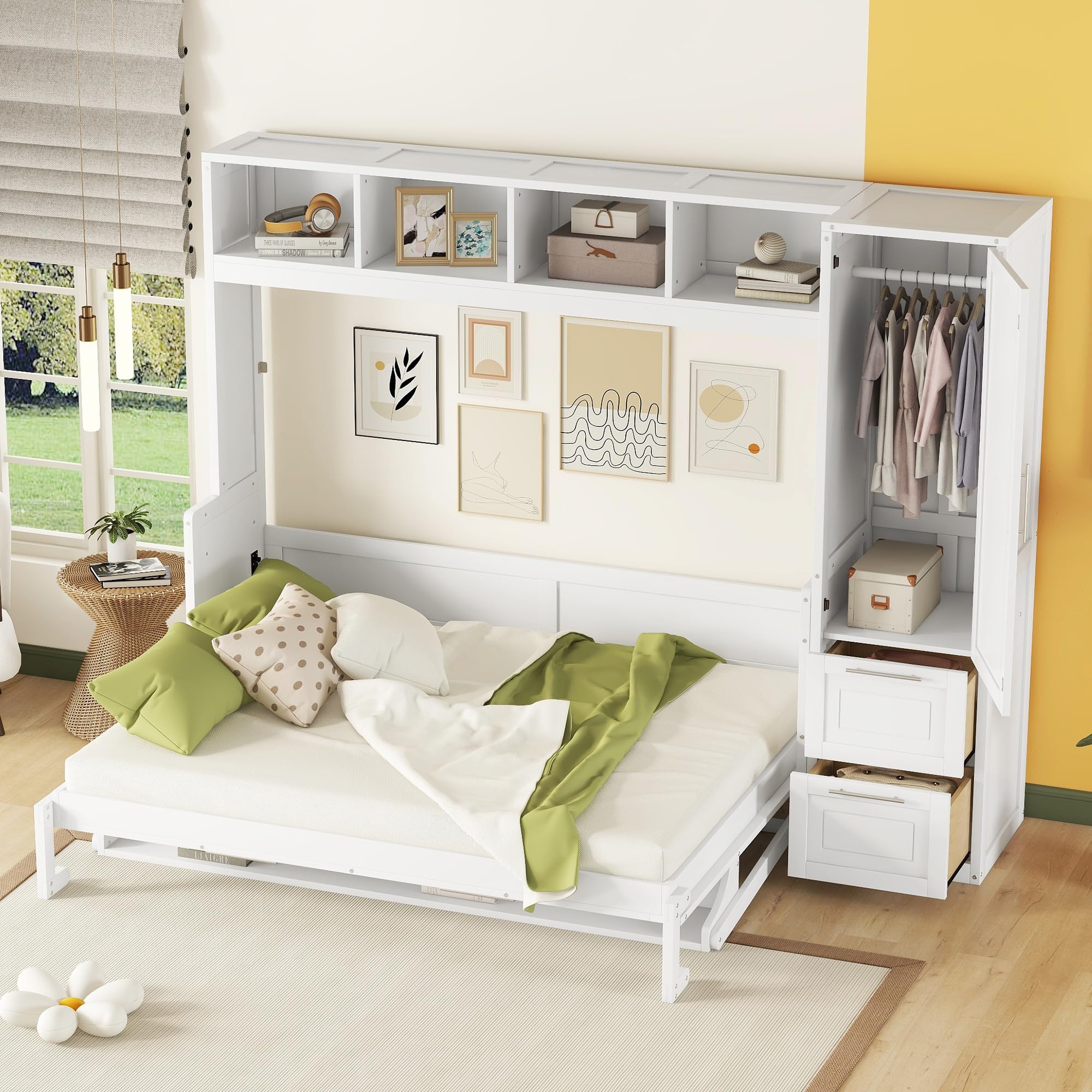 Queen Size Murphy Bed Wall with Closet and Drawers, White