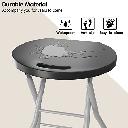 GYMAX Folding Stool, 28in Portable Collapsible Bar Stool with Handle & Steel Frame, 330lbs Sturdy Foldable Lightweight Round Metal Chair for Outdoor/Indoor Kitchen Home Pub Bar, Assembly Free (1)