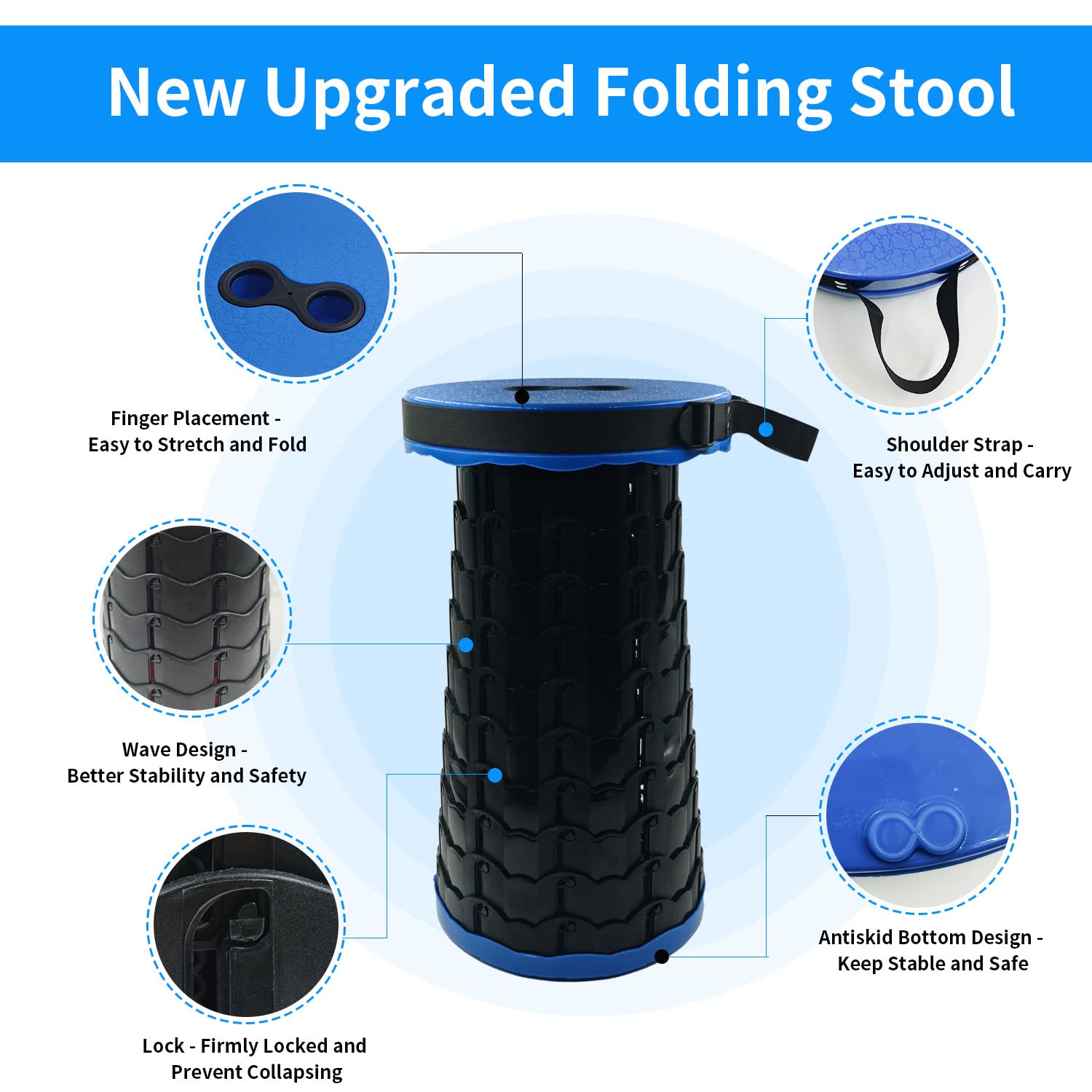 BOFA Eco Tableware Portable Telescoping Folding Stool, Blue Retractable Stool Adjustable Lightweight Camping Foldable Chairs Collapsible Stool for Outdoor Camping Fishing Hiking BBQ Gardening