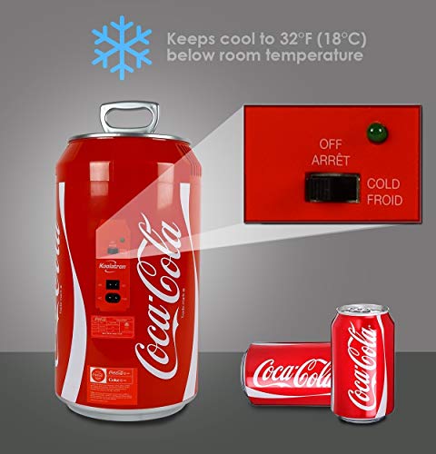 Coca-Cola 8 Can Portable Mini Fridge w/ 12V DC and 110V AC Cords, 5.4L (5.7 qt) Can Shaped Personal Cooler, Red, Travel Fridge for Drinks, Snacks, Lunch, Home, Office, Dorm Room, RV