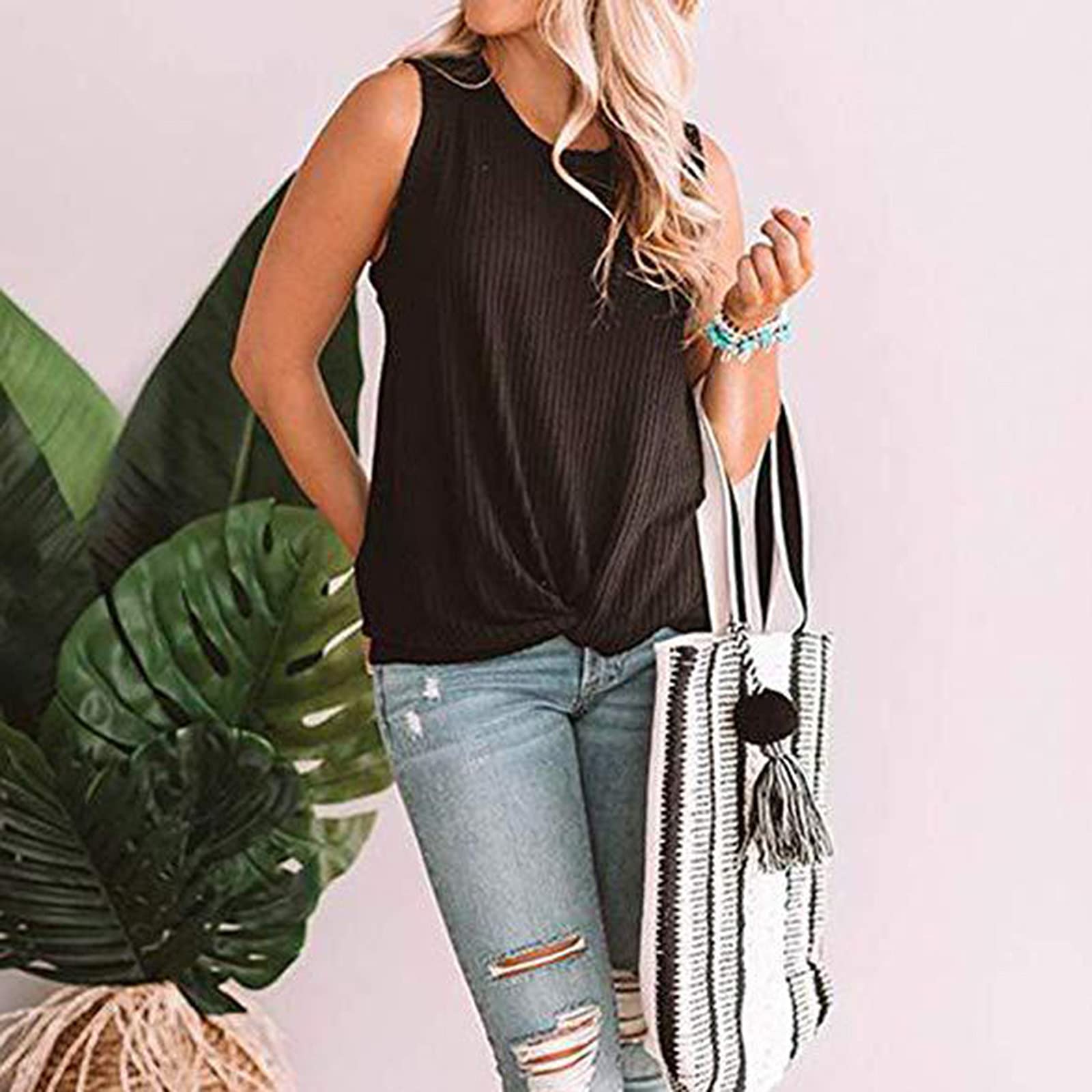 Bravetoshop Women's Tank Tops Summer Sleeveless Casual Crew Neck Solid Color Loose Fit Tee Shirts (Black,XL)