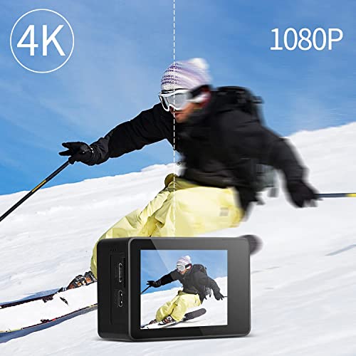 Jadfezy Action Camera 4K with WiFi, Remote Control, Sports Camera with Charger and 2×1350 mAh Batteries, 30M/98FT Waterproof Camera Mounting Accessories for Helmet and Bicycle etc. (4K 30FPS)