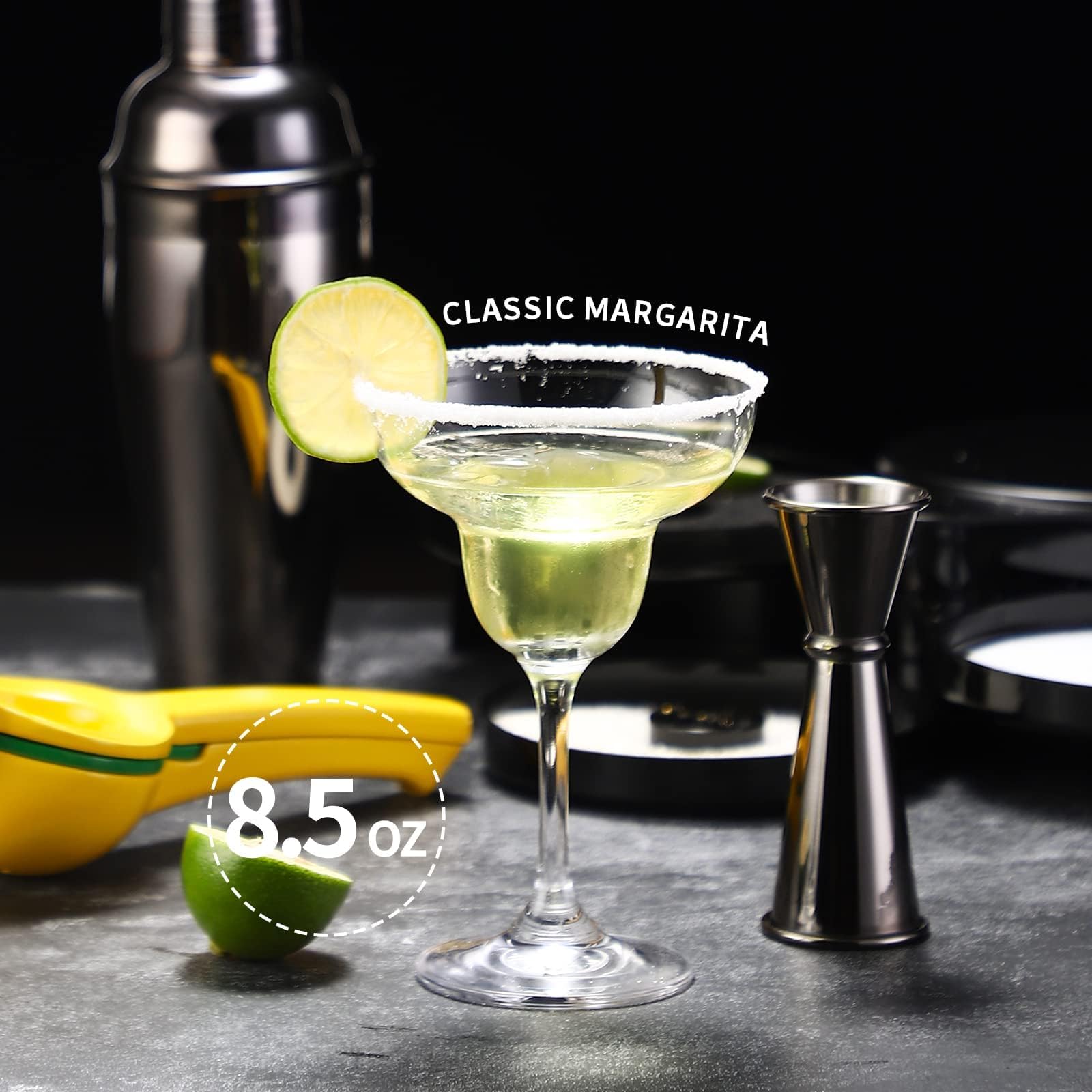 USEEKRIL Margarita Kit - Set of 2 Margarita Glasses (8.5oz), 3-Tier Salt Rimmer, Stainless Cocktail Shaker & Jigger, Coasters,Cocktails Cards,Citrus Squeezer and More - Margarita Kit Gift Set