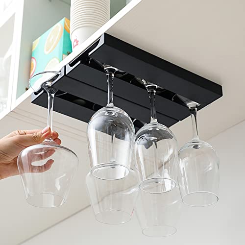 BTHLYES 2 Pack Wine Glass Rack - Punch-free Under Cabinet Stemware Wine Glass Holder Glasses Storage Hanger plastic Organizer for Bar Punch-free self-adhesive(Black)
