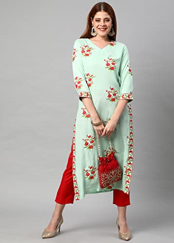 Elina fashion Indian Stitched Kurti for Womens With Pant | Rayon Printed Readymade Kurta Kurtis Light Green