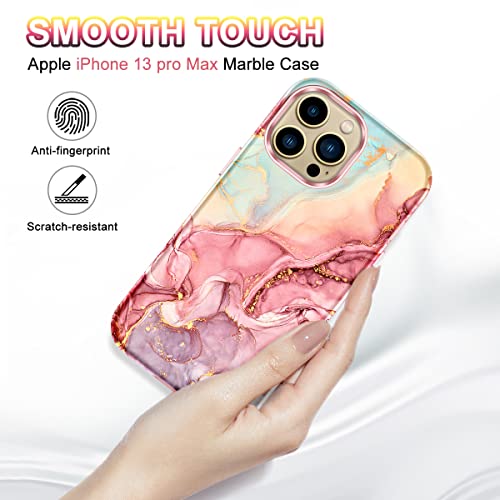Btscase Compatible with iPhone 13 Pro Max Case 6.7 Inch 2021,Marble Pattern 3 in 1 Heavy Duty Shockproof Full Body Rugged Hard PC+Soft Silicone Drop Protective Women Girl Phone Cases, Rose Gold