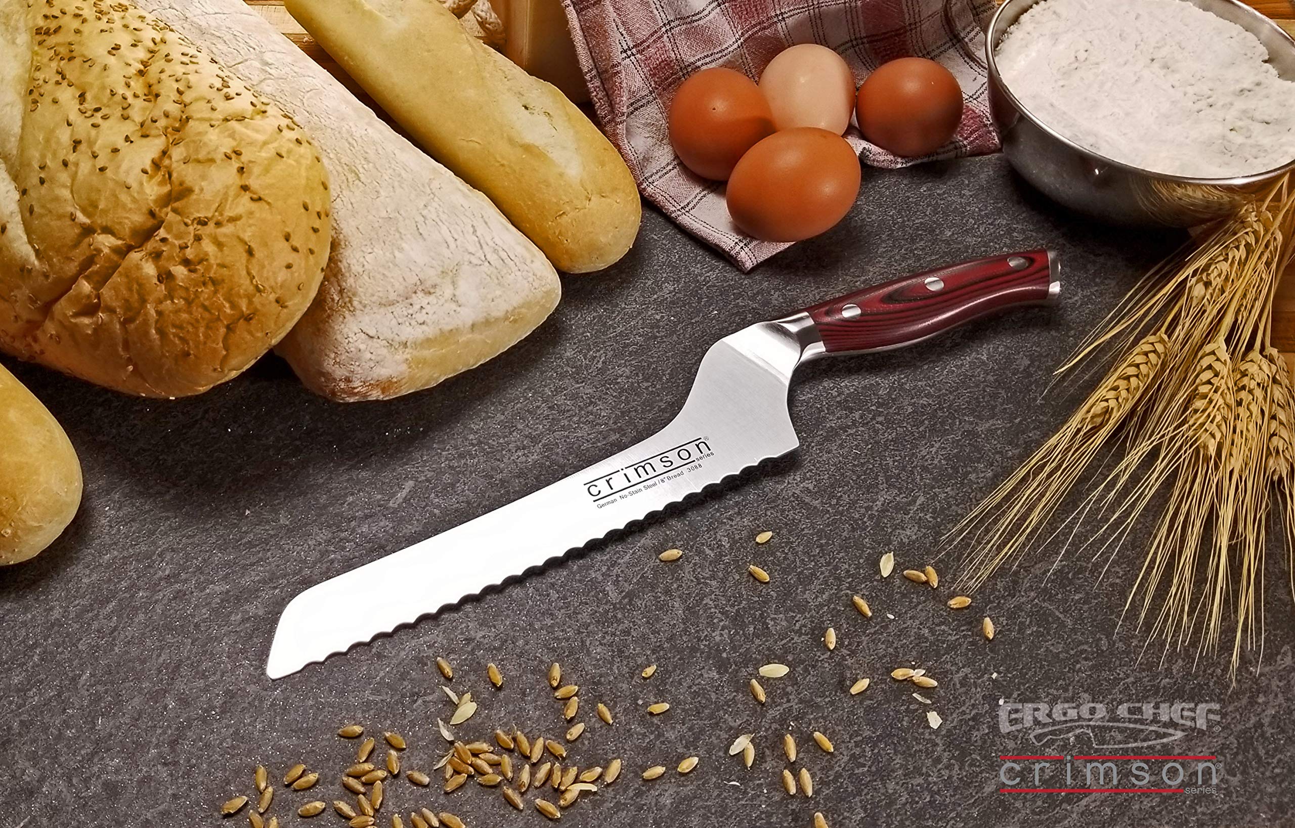 Ergo Chef Crimson Series Serrated Offset Bread & Deli Knife, 8-inch - Forged German X50CrMoV15 High-Carbon Stainless Steel - G10 Handle
