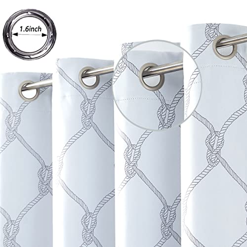 Geomoroccan Full Blackout Curtains 63 inch Length 2 Panels Set,Knot Printed Decorative Suitable for Living Room and Bedroom,Grommet Top Thermal Insulated Drapes (50" x 63",White & Grey)