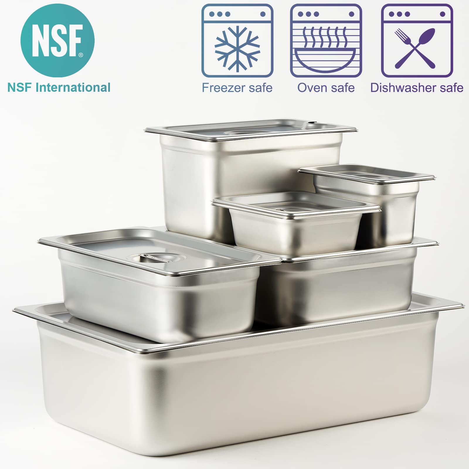CURTA 6 Pack Anti-Jam Hotel Pans with Lids, 1/6 Size 2 1/2 Inch Deep, NSF Commercial 18/8 Stainless Steel Chafing Steam Table Food Pan with Covers