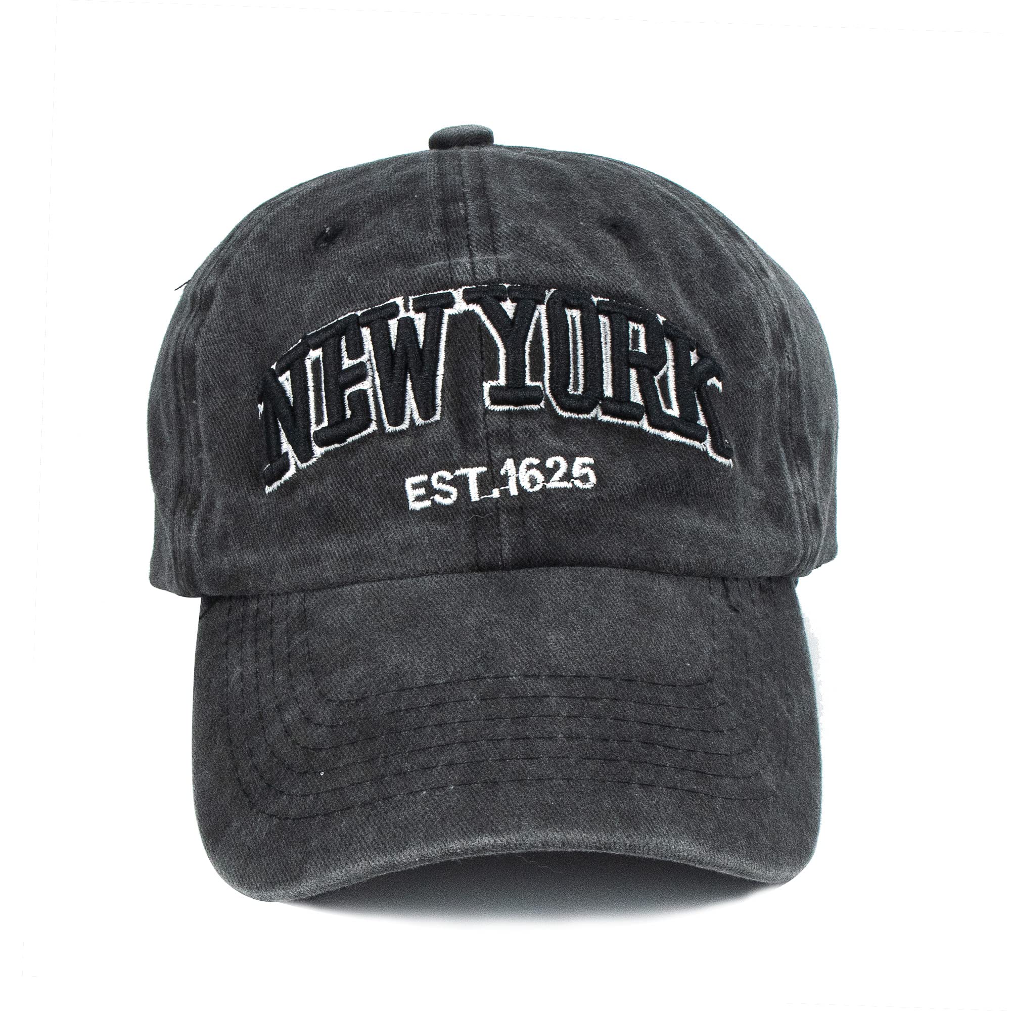 Baseball Hat New-York Distressed-Adjustable-Strapback - Washed Twill Dad Hat Unisex Black