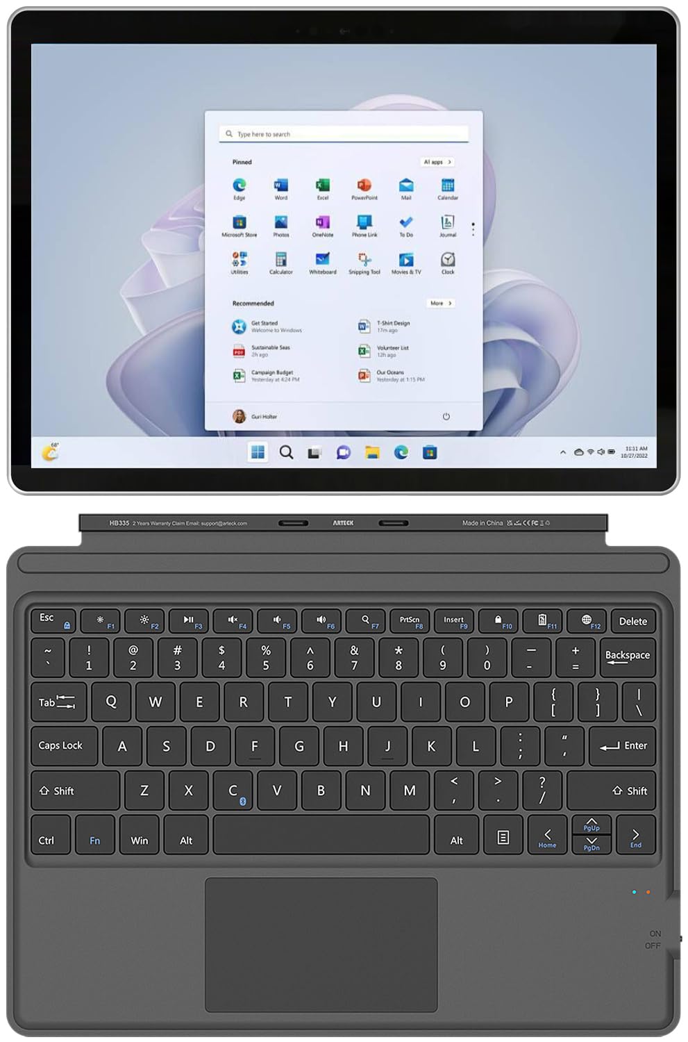 Arteck Microsoft Surface Pro Keyboard Type Cover, Ultra-Slim Portable Bluetooth Wireless Keyboard for Latest Surface Pro 10, Pro 9, Pro 8, Pro X with Touchpad Built-in Rechargeable Battery