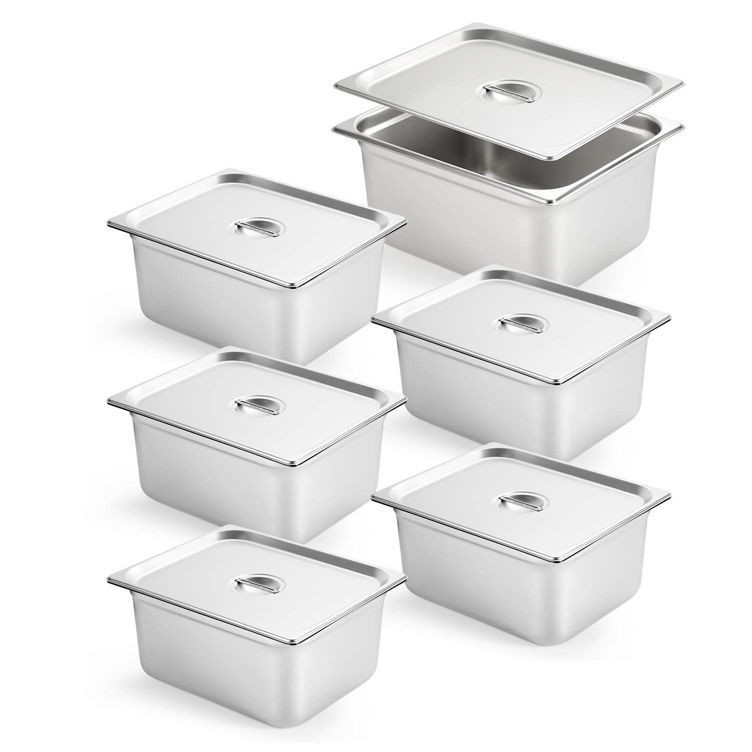 CURTA 6 Pack Anti-Jam Hotel Pans with Lids, 1/2 Size 6 Inch Deep, NSF Commercial 18/8 Stainless Steel Chafing Steam Table Food Pan with Covers