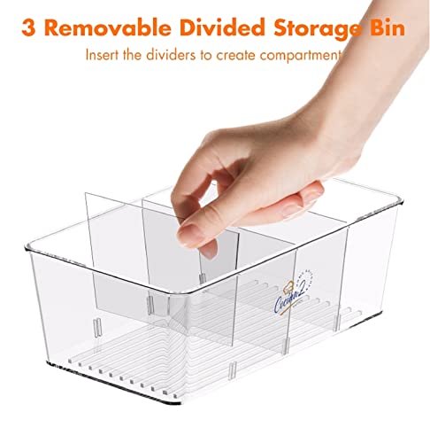 CocinaZ KATTOL Clear Storage Bins – Stackable Storage Bins with Removable Dividers –Clear Organizing Bins for Food Storage, Fridge, Kitchen, Pantry –4-Compartment Clear Plastic Storage Bin (4 Pack)