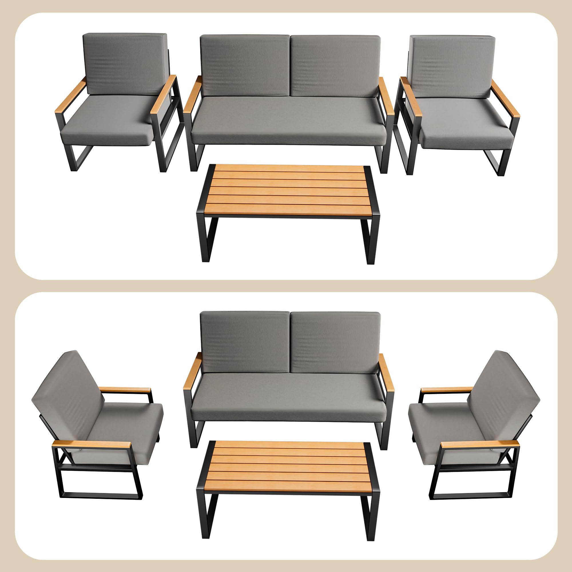 Gizoon 4-Piece Outdoor Patio Furniture Sets, Patio Conversation Set with Removable Seating Cushion, Courtyard Patio Set for Home, Yard, Poolside (Grey)