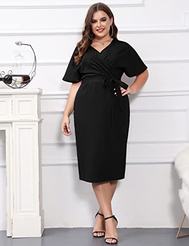 GRACE KARIN Wedding Guest Dresses for Women Elegant Wrap V Neck Ruched Work Business Bodycon Sheath Dress Black L