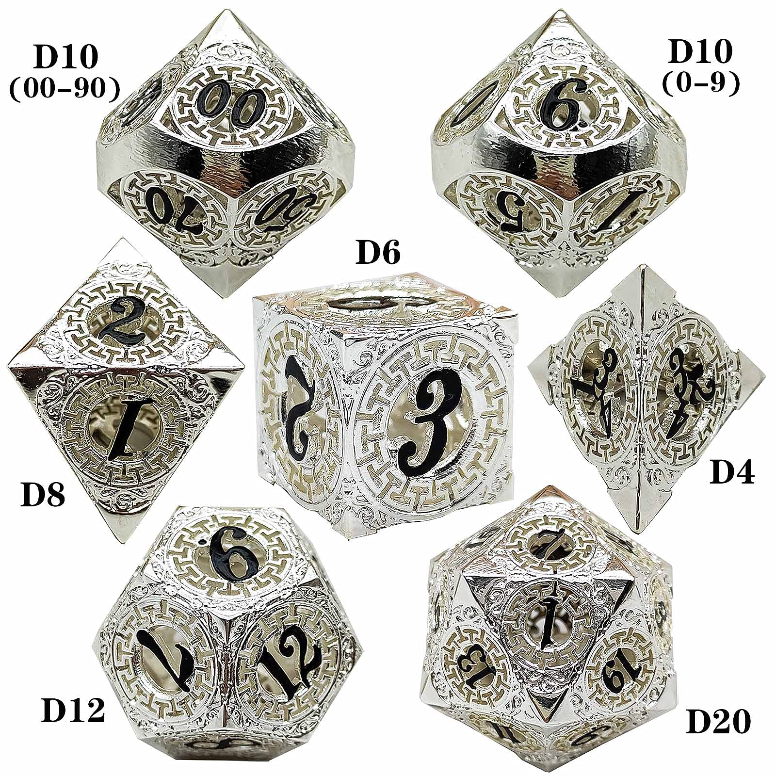 Metal Dice Set 7pcs DND - Table Game RPG Hollow Dice Silver and Black, with Metal Gift Box, Suitable for Dungeon and Dragon D&D MTG, Math Teaching, Polyhedron D4 D6 D8 D10 D10% D20