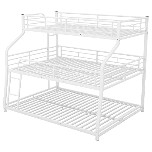 Harper & Bright Designs Metal Triple Bunk Beds,Bunk Beds Twin XL/Full XL/Queen,3 in 1 Triple Bed,Heavy Duty 3 Beds Bunk Bed with Guard Rails & 2 Ladders for Kids,Teens, Adults,White