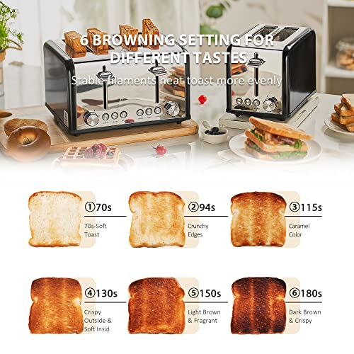REDMOND Toaster 4 Slice Stainless Steel, Wide Slots 4 Slice Toaster with Bagel Defrost Cancel Function 6 Bread Shade Settings for Bread waffles Auto Shutoff Black