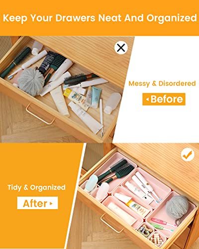Famhap 16 PCS Pink Desk Drawer Organizers, Versatile Bathroom and Vanity Drawer Organizer Trays, Storage Bins for Makeup, Bedroom, Kitchen Gadgets Utensils and Office (Pink)