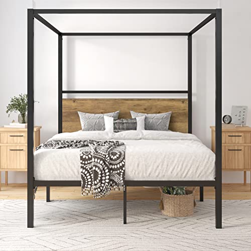 ikalido Queen Size Metal Canopy Bed Frame with Wooden Headboard, Classic Design Canopy Bed with 4 Sturdy Posters, Noise Free/No Box Spring Needed/Industrial Brown