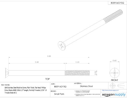 Small Parts 18-8 Stainless Steel Machine Screw, Plain Finish, Flat Head, Phillips Drive, Meets ASME B18.6.3, 5" Length, Partially Threaded, 1/4"-20 UNC Threads (Pack of 5)