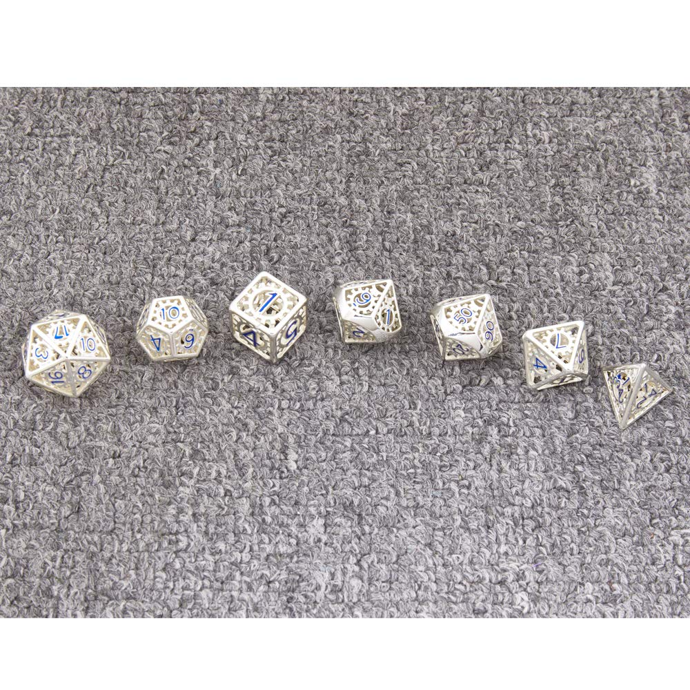Metal DND Gifts Game Dice 7Pcs Set Hollow and Black Velvet Bag for Dungeons and Dragons RPG MTG Table Games D&D Pathfinder Shadowrun and Math Teaching
