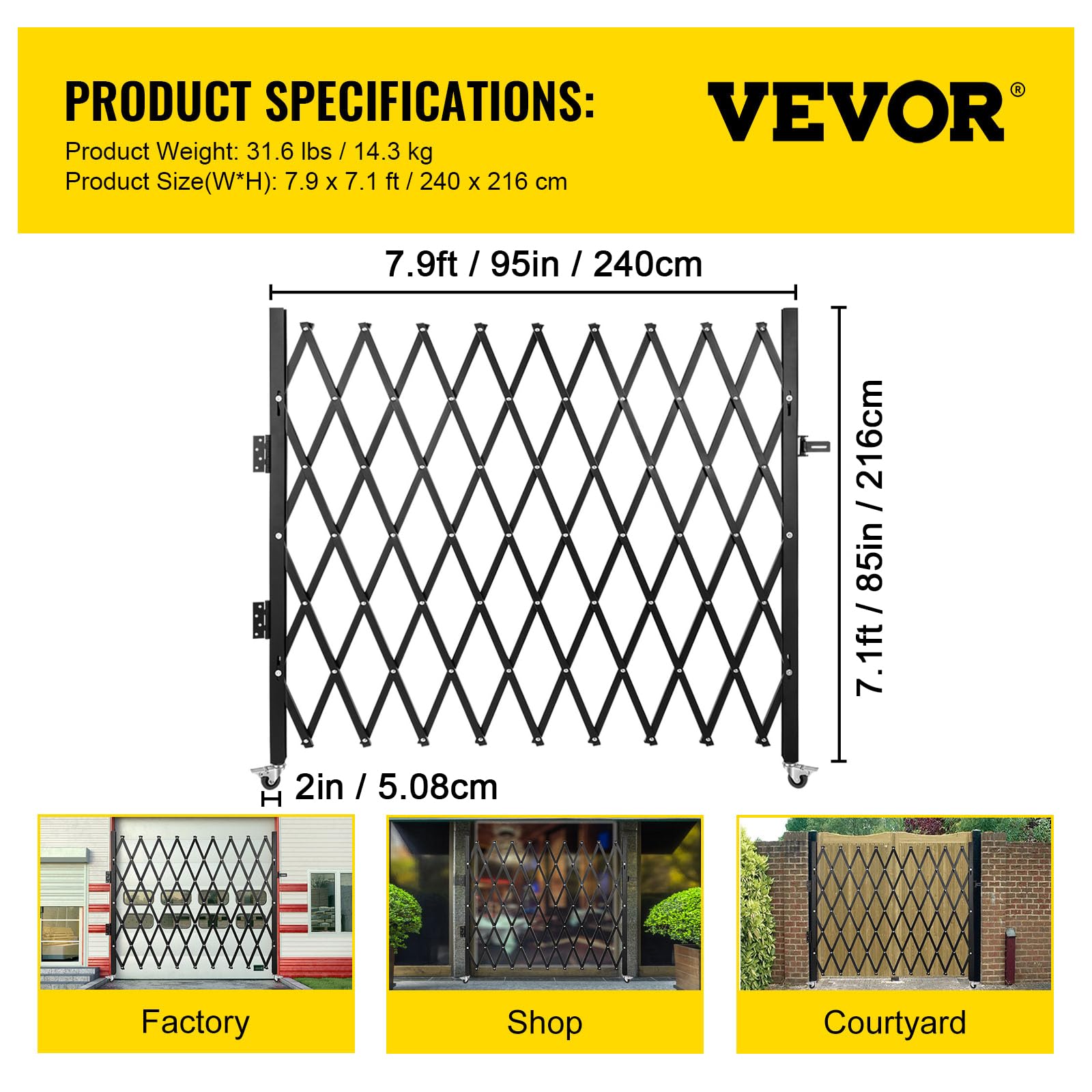 VEVOR Single Folding Security Gate, 87" H x 94" W Folding Door Gate, Steel Accordion Security Gate, Flexible Expanding Security Gate, 360° Rolling Barricade Gate, Scissor Gate/Door with Padlock