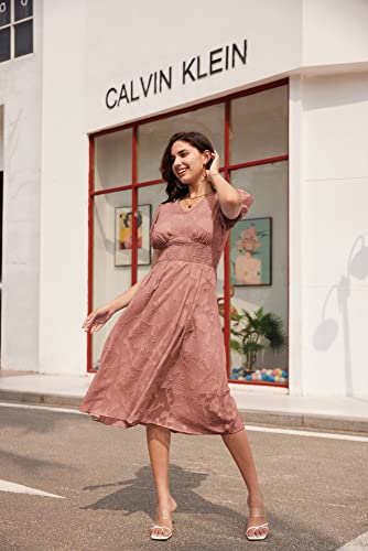 GRACE KARIN Women's Summer Puff Sleeve Flowy Dress 2023 V Neck Smocked Boho Floral A Line Tiered Midi Dresses Orange Pink
