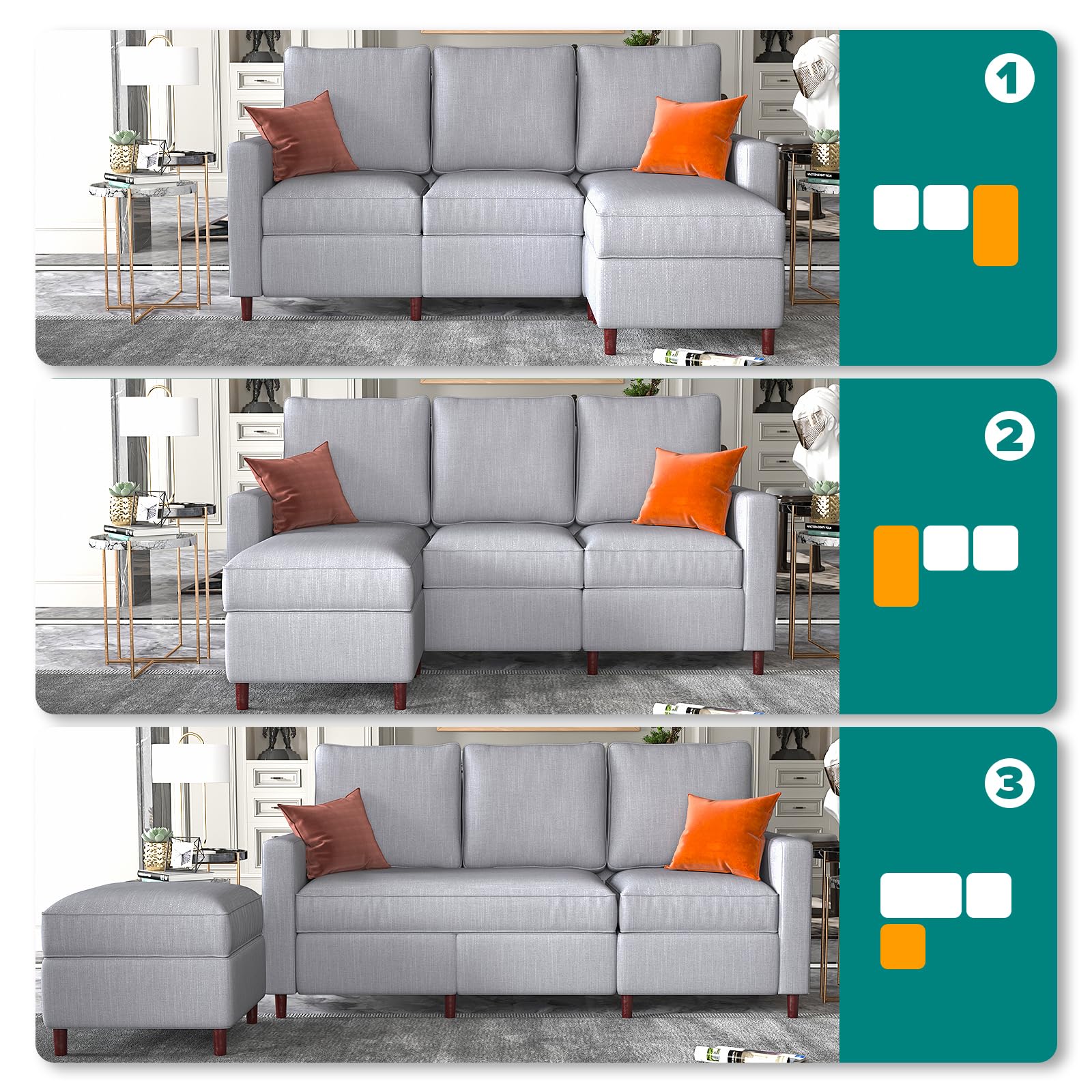 coeztt Convertible Sectional Sofa Couch, L-Shaped Sofa with Linen Fabric, 3 Seat with Movable Ottoman Small Couch for Small Apartments, Living Room and Office (Grey)